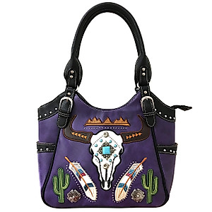 Zelris Longhorn Skull Embroidered Feather Cactus Design Conceal Carry Women Tote Purse Handbag (Purple)