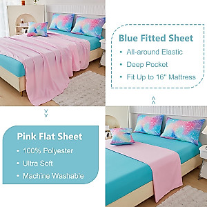 PERFEMET Pink Green Girls Twin Comforter Set, 6 Pieces Colorful Rainbow Kids Bedding Sets, Tie Dye Ombre Glitter Bed in A Bag Comforter Set with Sheets