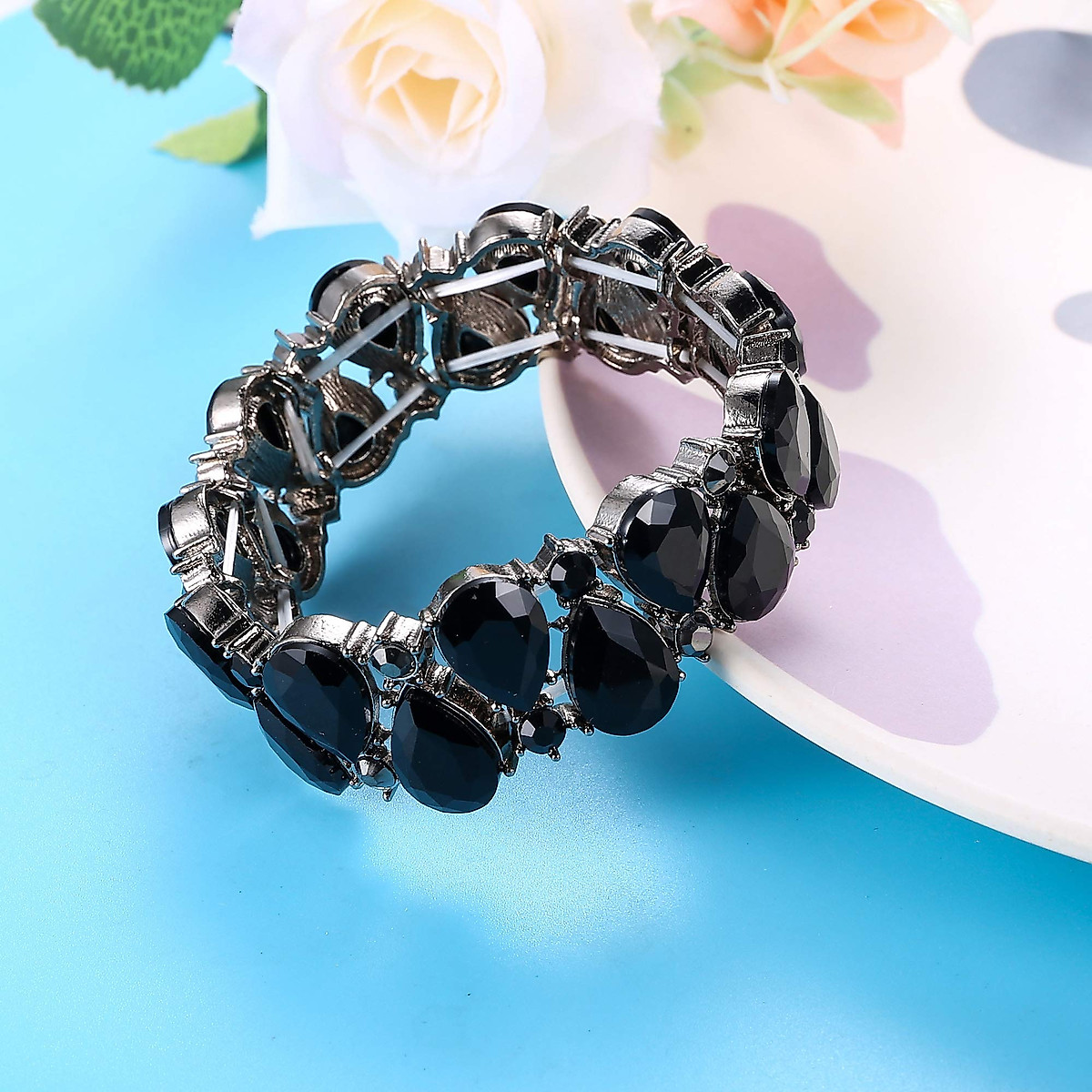 FIASASO Black Bridal Jewelry Set for Women Rhinestone Wedding Necklace Bracelet Dangle Earrings for Bride Bridesmaid Prom Jewelry Accessories