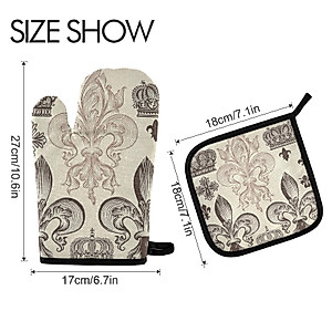 Oyihfvs Heraldic Fleur De Lis Crowns Oven Mitts Pot Holders Sets, Heat Resistant Kitchen Oven Gloves, Potholder Hot Pads for Cooking Baking Microwave Grill