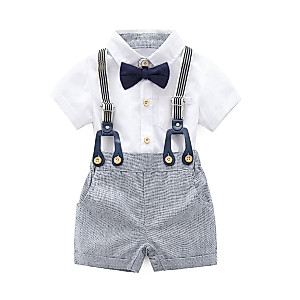 Newborn Baby Boys Gentleman Outfits Suits, Infant Short Sleeve Shirt+Bib Pants+Bow Tie Overalls Clothes Set,3-6M