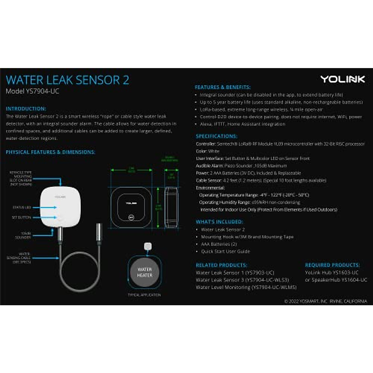 YoLink Water Leak Sensor 2,1/4 Mile World's Longest Range Smart Home Water Leak Sensor,Water Leak Detector with Built-in Siren Up to 105dB,Works with Alexa and IFTTT-YoLink Hub Required,YS7904-UC