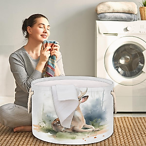 OMFUNS Deer Animal Round Storage Basket Extra Large Art Painting Laundry Hamper Basket for Blankets Clothes Cotton Rope Basket Towel Nursery Baby Toy Pet Basket Decorative