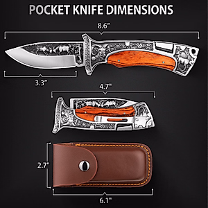 NedFoss Gifts for Men Pocket Folding Knife, 8.6" Engraved Unique Blade, Wood Handles Pocket Knife with Back Lock, Hunting Camping Pocket Knife for Men,Perfect Gifts Idea for Survival, Fishing, Hiking
