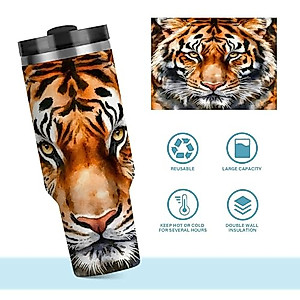 Flradish 30oz Tumbler with Handle, Watercolor Tiger Portrait Stainless Steel Tumbler with Lid and Straws Double Wall Vacuum Insulated Leakproof Coffee Travel Mug
