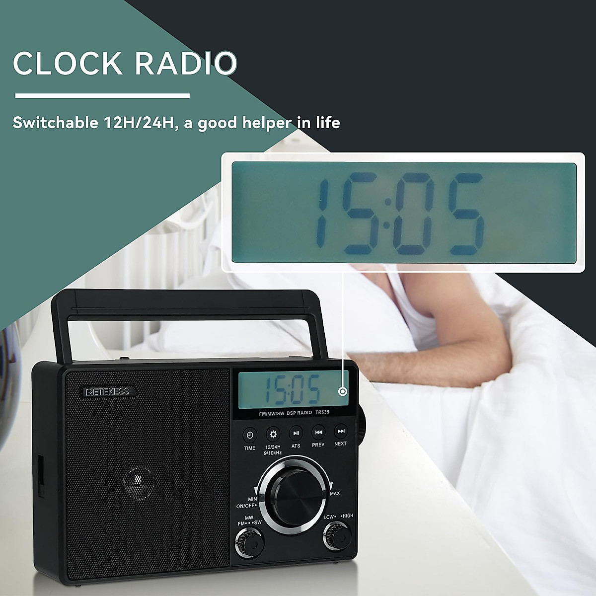 Retekess TR635 AM FM Radio with External Antenna Jack, Portable Shortwave Radio with Best Reception, Backlight LCD Display, Time Setting,Battery Operated or AC Power,Earphone Jack for Gift,Elder,Home