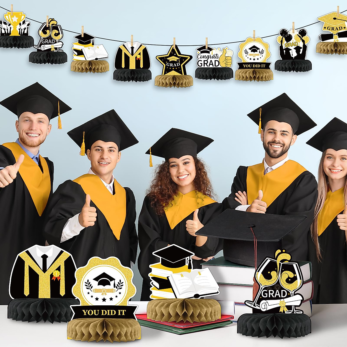 SUNKIM 9Pcs Graduation Centerpieces 2024 Graduation Party Decorations Congrats Grad Table Toppers Graduation Decorations Class of 2024 Graduation Table Decorations for Party Celebration,Black-Gold