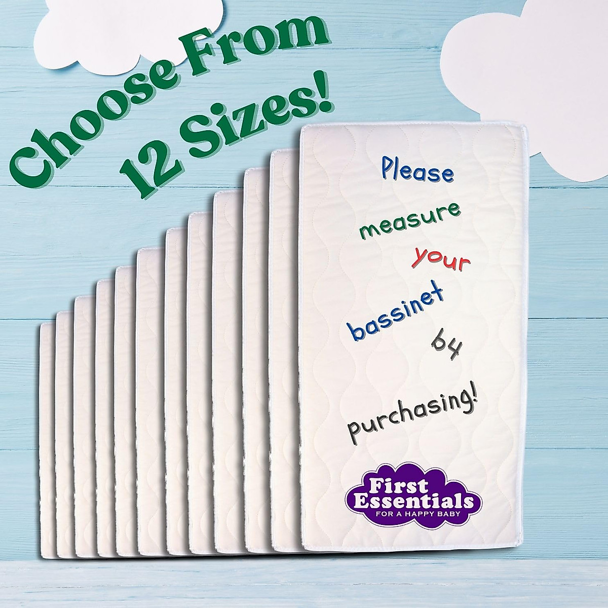 First Essentials Bassinet Cradle Mattress Pad (Rectangle, 12X26) for Newborn Comfort Breathable Easy Clean Hypoallergenic Waterproof Made in USA