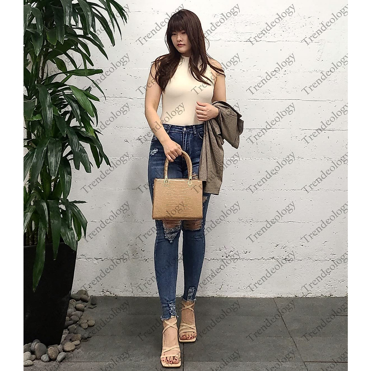 Trendeology Glossy Vegan Leather Structured Square Crocodile Print Medium Satchel Purse Tote Handbag (Crocodile Print - Light-Blue)