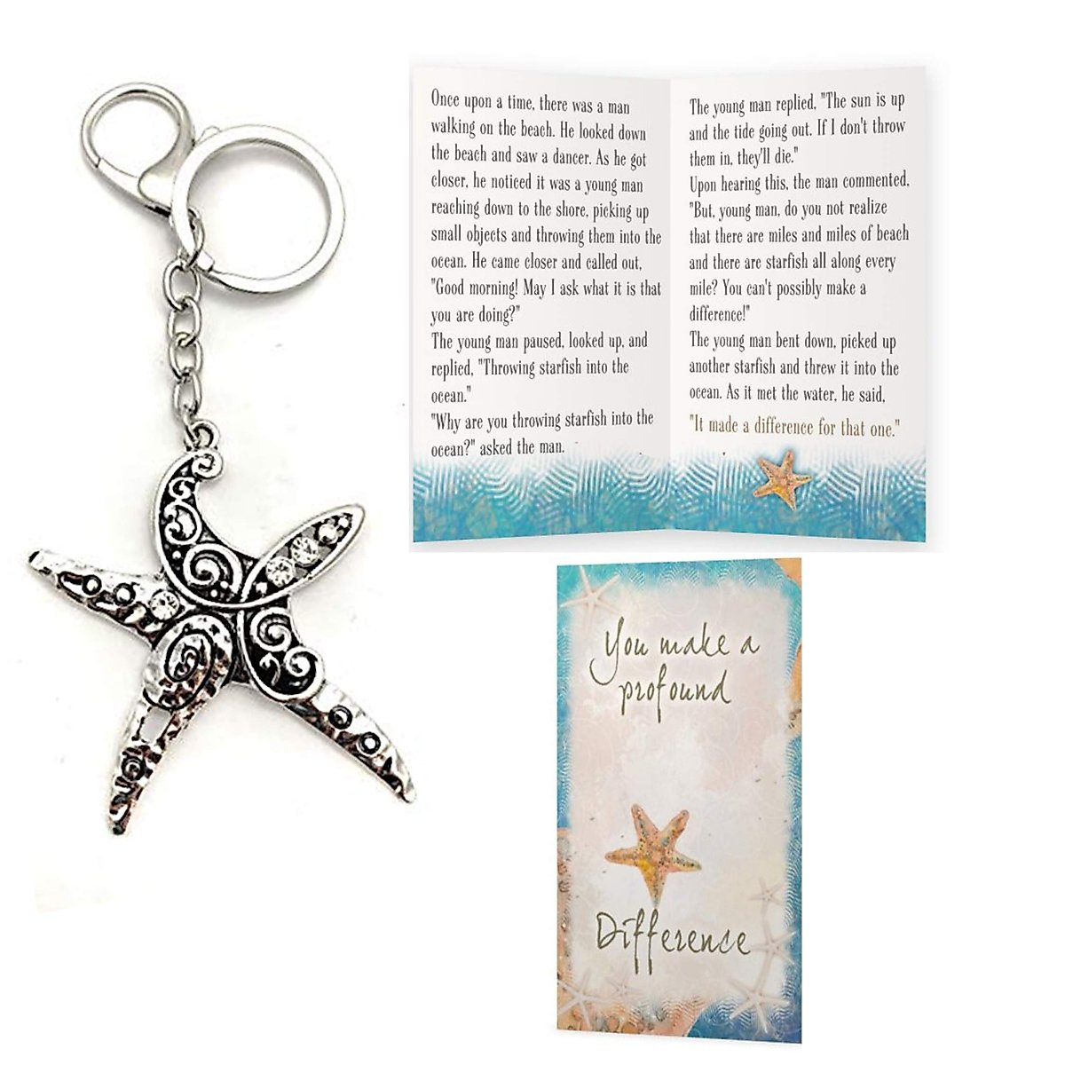 Smiling Wisdom - Starfish Story Appreciation Small Keepsake Card and Keychain Gift Set - You Make a Profound Difference - Ornate Swirl Keychain