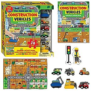 Hinkler Pull-back-and-go: Construction - 28-piece Floor Puzzle - Play Mat - Coloring and Activity Book - 6 Pull and Go Cars - Activity Set for Kids Aged 3 to 6