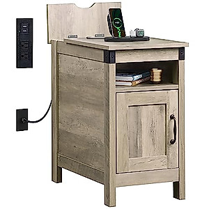 WLIVE End Table with Charging Station, Side Table with USB Ports and Outlets, Narrow Side Table for Small Spaces, Living Room, Couch, Nightstand with Storage, Greige