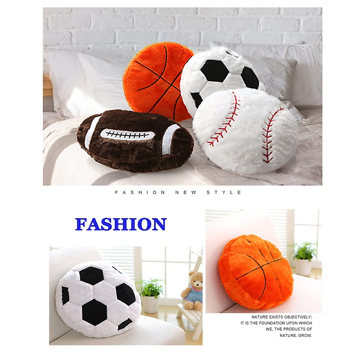 17.7" Basketball Plush Pillow Soft Fluffy Velvet Stuffed Football Throw Pillow Sports Rugby Ball Shaped Sleeping Travel Pillow Sofa Recliner Bedroom Decoration Gifts for Kids Children Boys Women Men