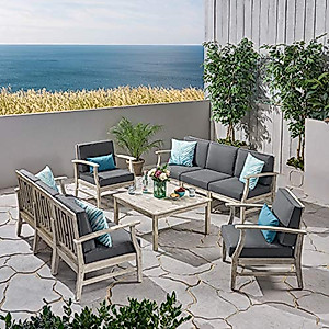 Great Deal Furniture Lorelei Outdoor 9 Piece Acacia Wood Sofa Conversational Set, Light Gray and Dark Gray