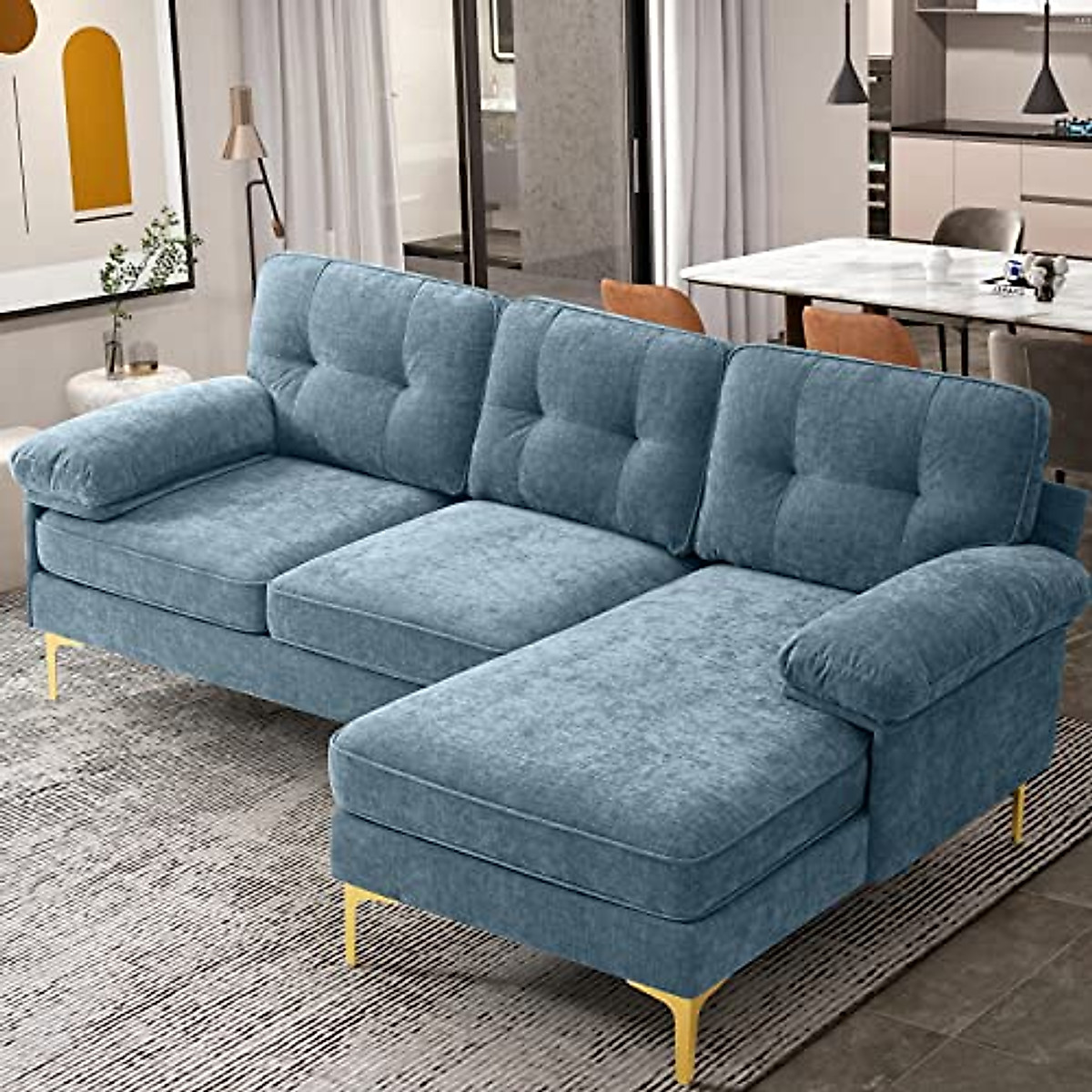 EASELAND 82" L-Shape Sofa with Reversible Chaise Lounge, Convertible Sectional Sofa Couch, Chenille Modern Sofa Couch for Living Room, Apartment and Office, Removable Cover (Light Blue)