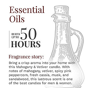 Essential Elements by Candle-lite Scented Candles, Mahogany & Vetiver Fragrance, One 9 oz. Single-Wick Aromatherapy Candle with 50 Hours of Burn Time, Off-White Color