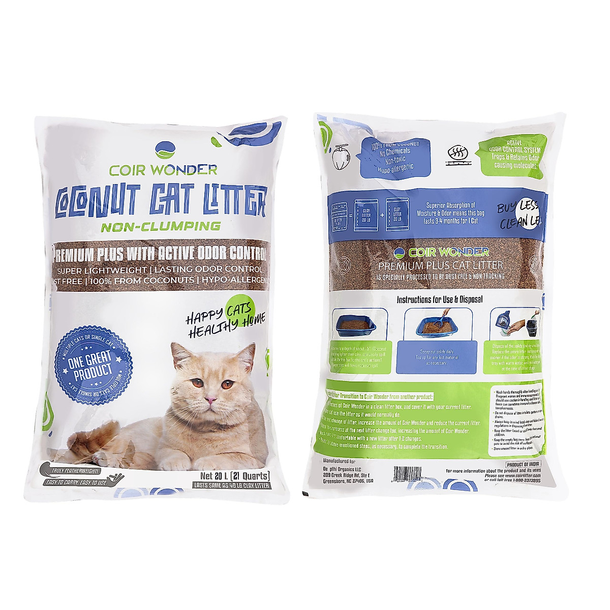 Coir Wonder Coconut Cat Litter – Natural, Non-Clumping Kitty Litter - Ultra Lightweight Bag Lasts Same As 40 Lb Clay – with Activated Charcoal Odor Control – Bedding for Chicken Coop and Small Pets