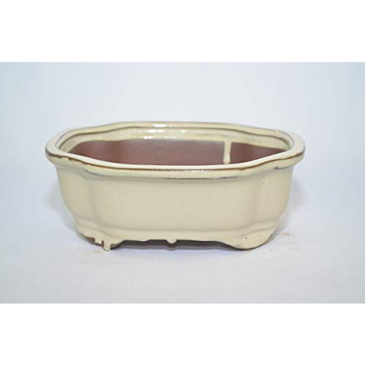Bonsai Ceramic Pot 7", Hexagon Shape, Beige Color, Glazed with draining Holes.