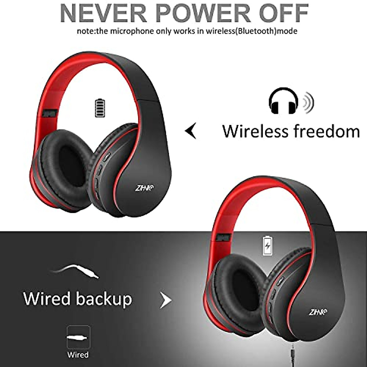 2 Items,1 Black Red Zihnic Over-Ear Wireless Headset Bundle with 1 Black Gray Zihnic Foldable Wireless Headset