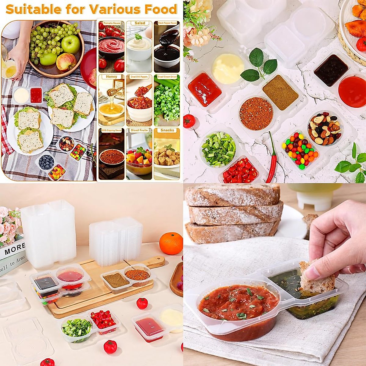 Dual Compartment Containerfor for Condiment, Dip, Sauce, Sampling and Travel Snacks，Portable Reusable Sauce Container，5Pcs Double Compartment Condiment Containers with Lids