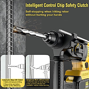 Cordless Rotary Hammer Drill for Dewalt 20V MAX Battery, Brushless SDS Rotary Hammer with Safety Clutch for Concrete/Masonry, 4 Modes with 360°Auxiliary Handle and 4 Drill Bits (Battery not included)