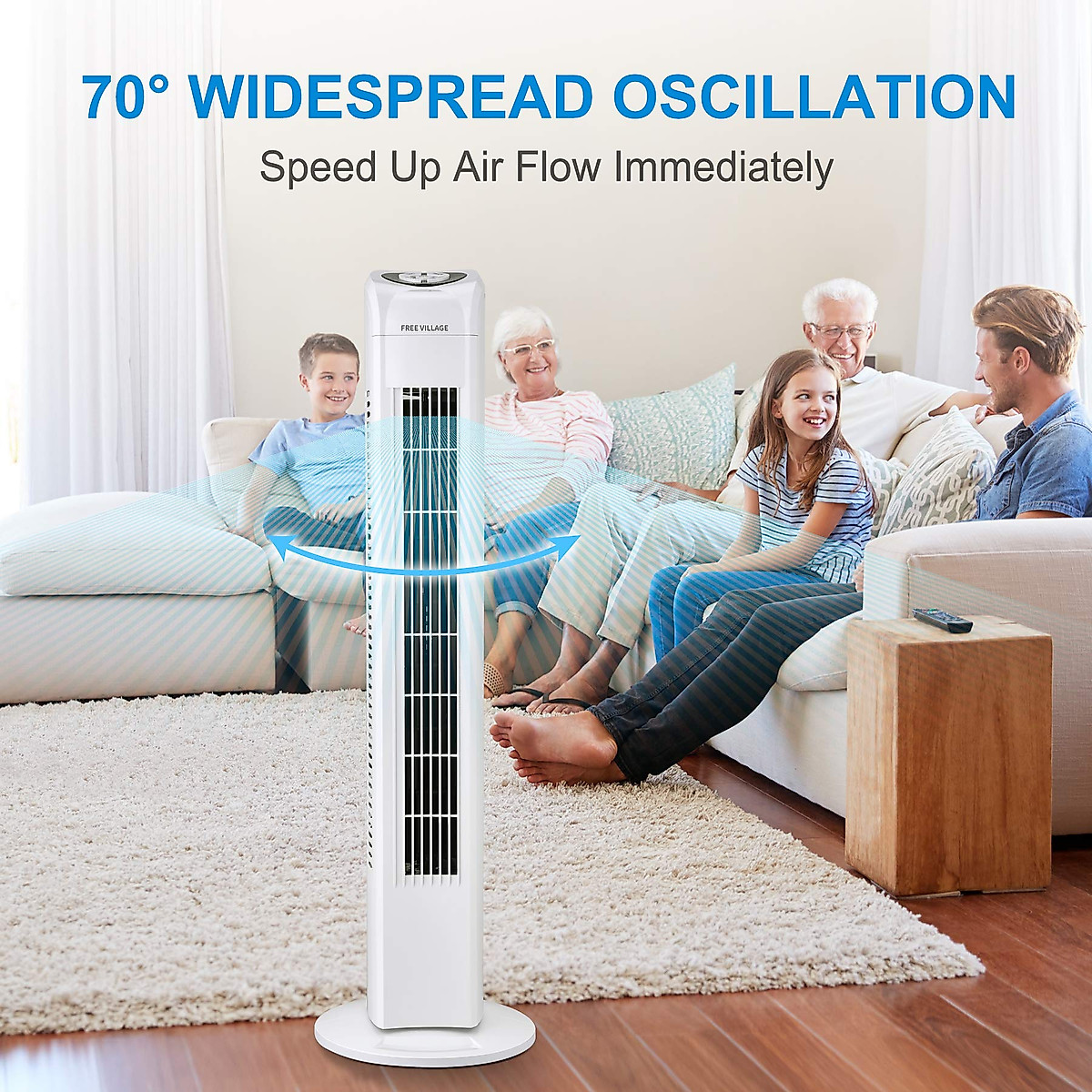 FREE VILLAGE JTF-03R 30'' Bladeless Tower Fan - 30 Inch Portable Tower Fan with Remote, 7.5 Hours Timer, 70° oscillation, Compact Size, 3 Modes and 3 Speed Settings, Safe for Kids and Pets, White