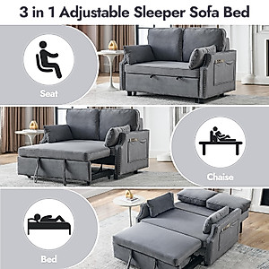 PATAVOT 3 in 1 Sleeper Sofa Couch, Velvet Upholstered Sleeper Sofa Bed with Side Storage Pockets, 2-Seater Pull Out Couch with 2 Pillows and Removeable Backrest for Living Room, Apartment, Grey.