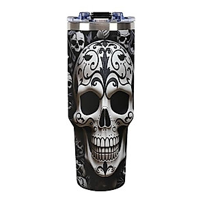 Black And White Skulls Insulated Stainless Steel Travel Mug, 40 Oz Tumbler with Handle And Straw Double-Wall Vacuum Coffee Cup, Leak-Proof Lid, Keeps Drinks Hot/Cold for Hours