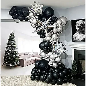 Black and silver balloon Garland Arch Kit with Large Starburst Crown foil balloons for 25th Birthday 50th Anniversary new year eve decorations Retirement Party Supplies