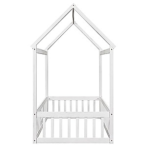 Merax Twin Size Wood House Bed with Fence and Door, Wooden Bedframe with Roof for Teens, Boys or Girls, White