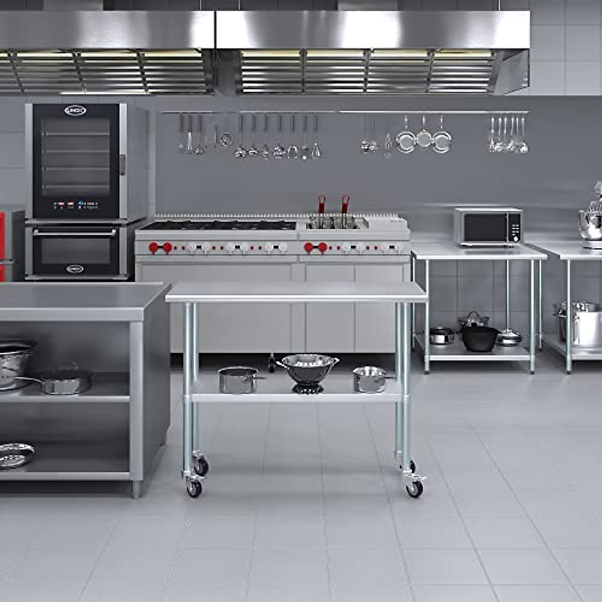 18" X 48" AmGood Stainless Steel Work Table with Wheels | Metal Mobile Table | Food Prep