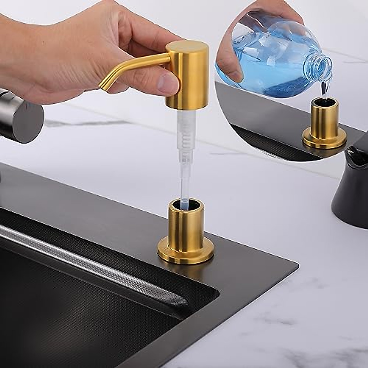Soap Dispenser, Kitchen Soap Dispenser, Large Capacity 17 OZ Bottle, Stainless Steel Built in Soap Dispenser for Kitchen Sink, Brushed Gold