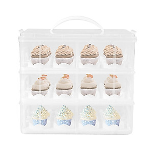 RENFANSHOP 3 Tier Cupcake Packing Box with Lid，Cupcake Muffin Carrier with Lid White Cakes Food Transporter Container Holds 36 Cupcakes or 3 Large Cakes Food with 3 Tier Stackable Layer Insert