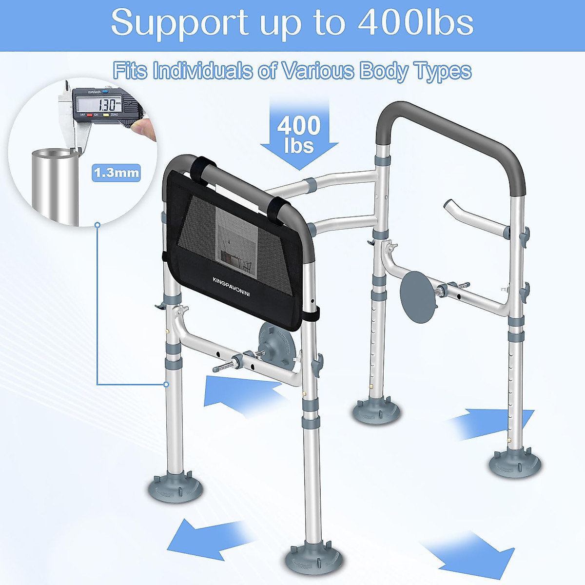 KingPavonini Toilet Safety Rail (400 LB) - Adjustable Foldable Toilet Safety Frame for Elderly and Disabled - Stand Alone Toilet Rails for Seniors with Storage Bag and Paper Holder - Fits Most Toilets