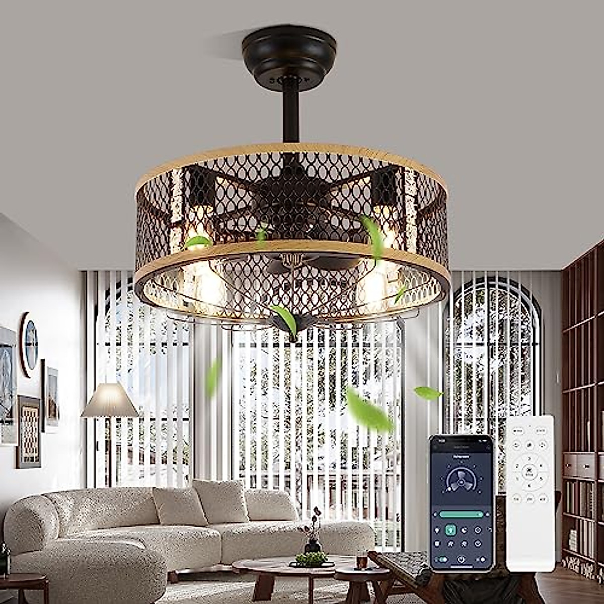 Ceiling Fans with Lights and Remote - Low Profile Ceiling Fan 20 inch - Powerful Bedroom Ceiling Fan with 7 Blades - Adjustable, Noiseless - Safe Indoor, Outdoor Caged Ceiling Fan with Light