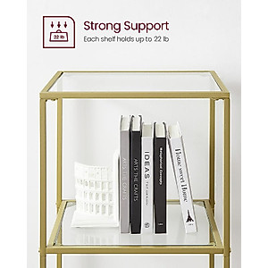 VASAGLE Bookcase, 6-Tier Bookshelf, Slim Shelving Unit for Bedroom, Bathroom, Home Office, Tempered Glass, Steel Frame, Gold Color ULGT500A01