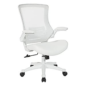 Office Star Ventilated White Screen Back Manager's Office Chair with Padded Flip Arms with White Nylon Base, White Faux Leather