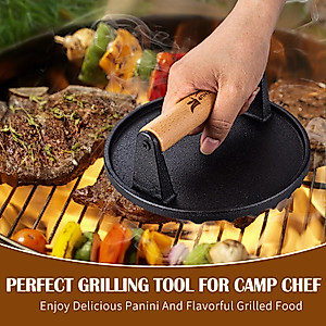 Jazzsthup Smash Burger Press, 6.88" Round Bacon Press with Wood Handle, Perfect Hamburger Press Patty Maker, Food-Grade Cast Iron Burger Smasher for Griddle incl. 20Pcs Patty Paper