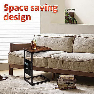 ECO-WILL C Shaped End Table for Sofa,Small Narrow Side Table with Storage Bag for Small Spaces,Couch Table with Metal Frame for Living Room, Bedroom, Bedside, Rustic Brown and Black. (1)