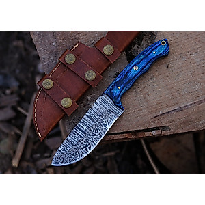 BCK damascus knife damascus steel hunting knife Fixed Blade Hunting Knife with Sheath - Damascus Knife with Blue Wood Handle - 9.75 Inches Handmade Camping Knife Prime Quality EDC camping Knife.