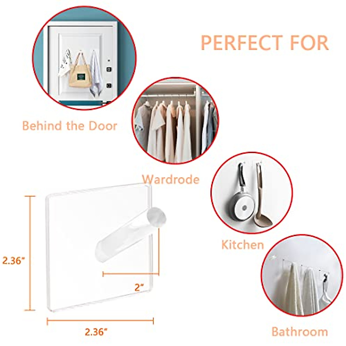 Watpot Acrylic Hat Hooks for Wall, Clear Adhesive Hooks for Hanging Towel Coat Bag, 6 Pack