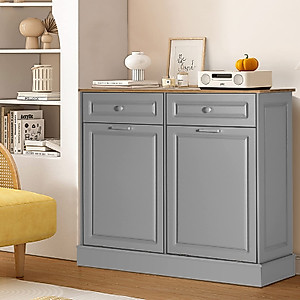 Anbuy Double Kitchen Trash Cabinets Dual Tilt Out Trash Cabinet with Two Solid Wood Hideaway Trash Holder Drawers, Free Standing Recycling Cabinet Trash Can Holder (Dual Gray)