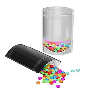 100pcs Frosted Clear Window Stand Up Colored Metallic Foil Resealable Zipper Seal Bags (Black, Standup | 2oz)