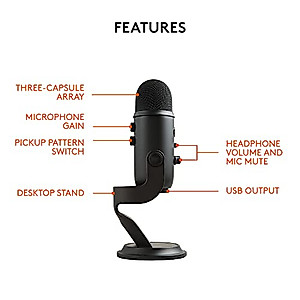 Blue Yeti USB Microphone for PC, Mac, Gaming, Recording, Streaming, Podcasting, Studio and Computer Condenser Mic with Blue VO!CE effects, 4 Pickup Patterns, Plug and Play – Blackout