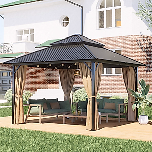 BPS Hardtop Gazebo 12' X 12' Outdoor Tent Shelter Canopy with Netting for Patio, Garden, Yard and Party