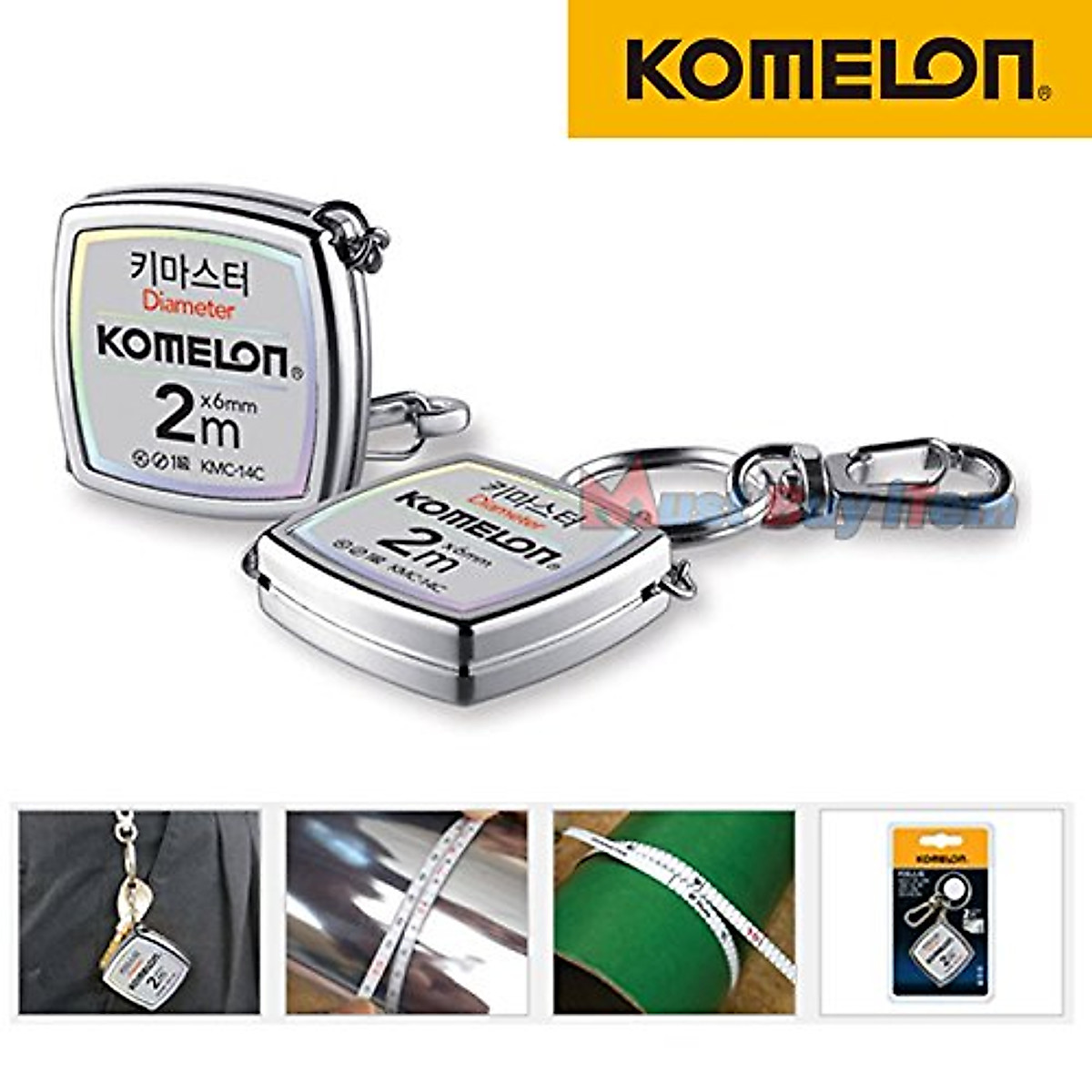 Komelon KMC-14C Keymaster Metric Tape Measure 2-Meter/Diameter Keychain Pocket Mini Key Chain Ring Chrome Coated Measuring Tool with English Manual Included