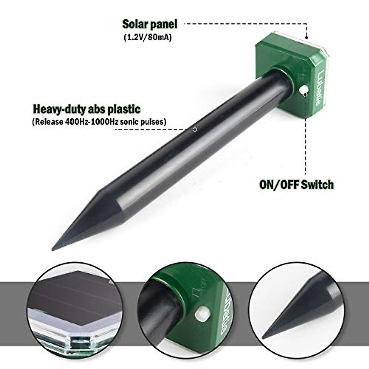 Lubatis Solar Mole Repellent Outdoor Sonic Deterrent - Mole Chaser Scare Vole for Lawn Garden - Groundhog Repellent Snake Rodent Gopher Spikes Chaser Pest (4)