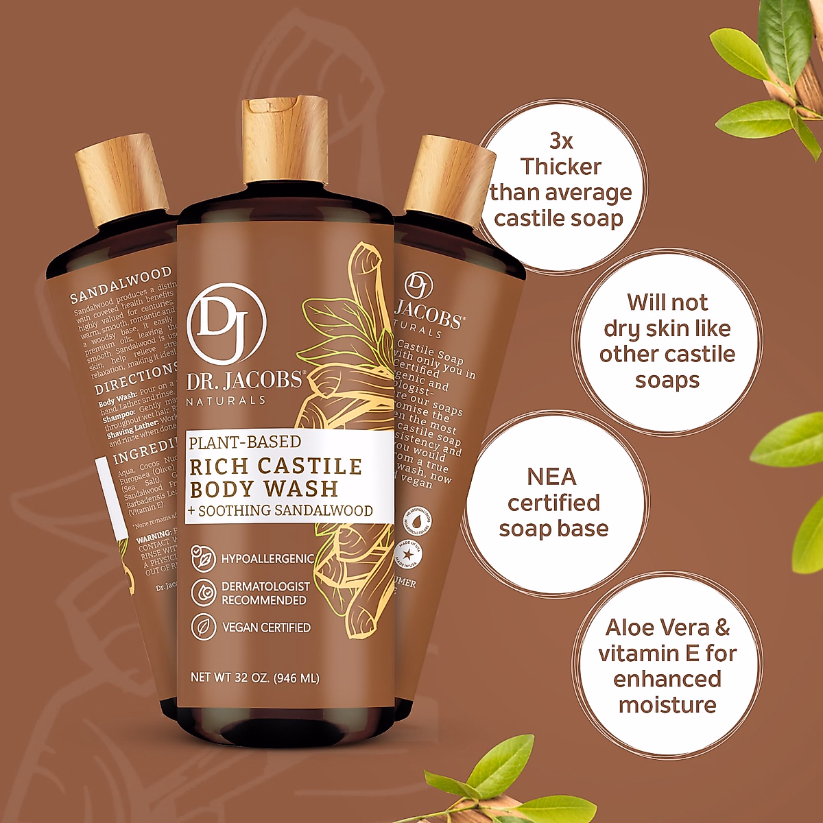 DR. JACOBS NATURALS Castile Sandalwood All-Natural Body Wash for Moisturizing Dry and Sensitive Skin Shampoo with Plant-Based Ingredients Gluten, Preservatives-Free Formula - 32 oz, Pack of 1