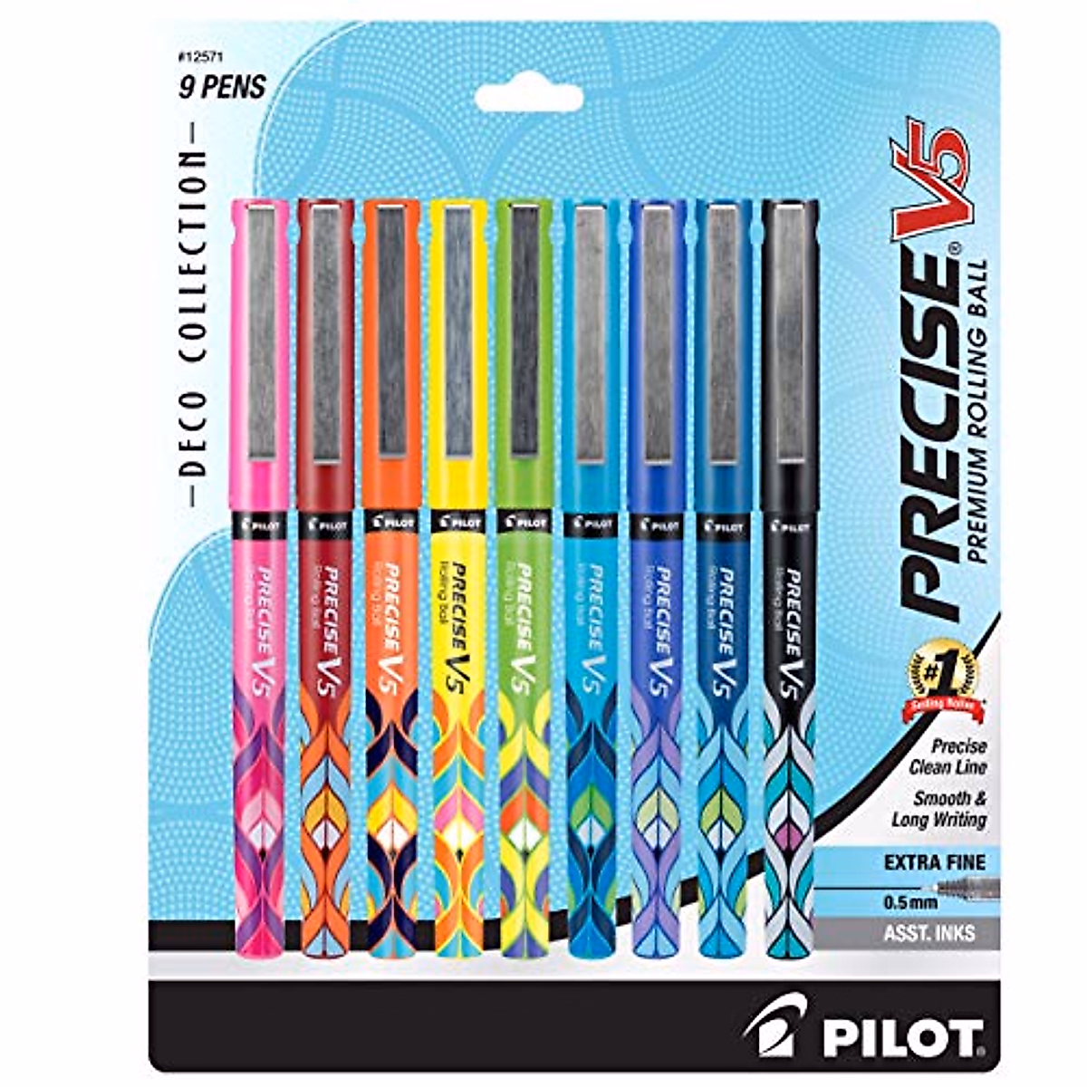 PILOT Precise V5 Stick Liquid Ink Rolling Ball Stick Pens, Extra Fine Point (0.5mm) Assorted Ink Colors, 9-Pack (12571)