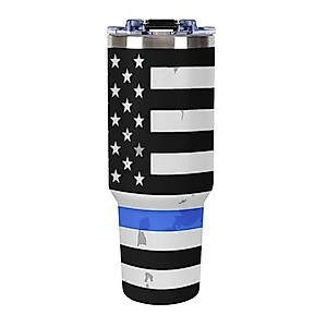 Large Capacity Stainless Steel Cup, Funny American Thin Blue Line Flag Police Pattern Black Handle Insulated Tumbler with Lid and Straw, 40 oz Water Bottle for Meeting, Travel